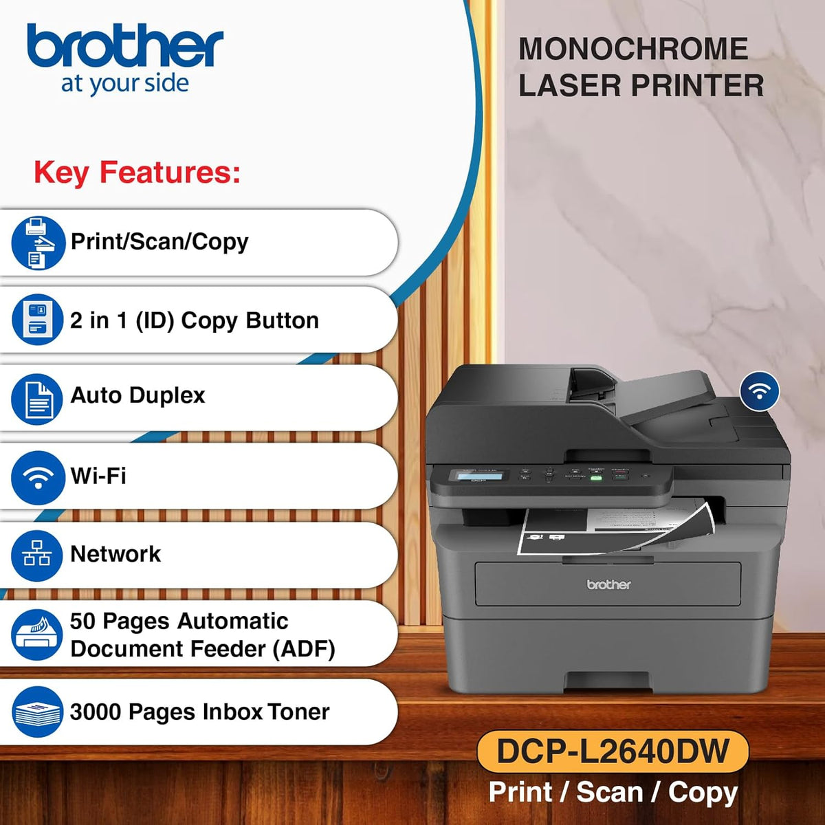 Brother DCP-L2640DW Multifunction Duplex WiFi ADF Laser Printer ...