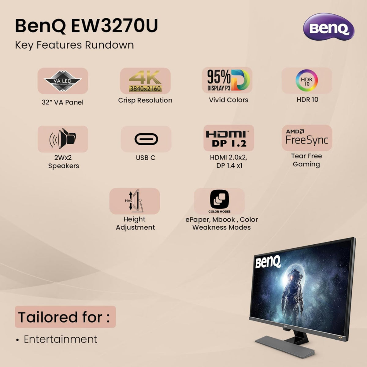 Benq EW3270U 32" 80 cms 3840x 2160 4K VA 60Hz USB-C Brightness Intelli ...