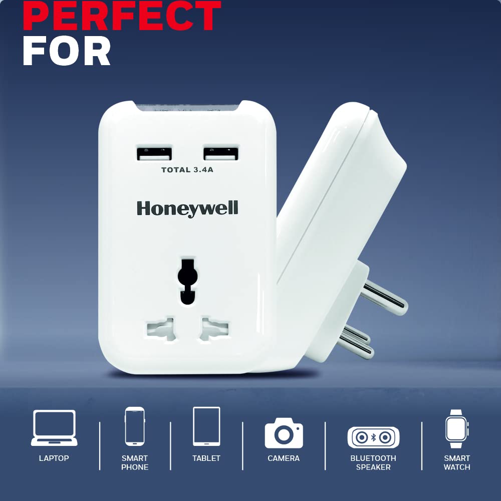Honeywell Travel Single Socket with 2 USB Ports Platinum White 3.4AMP ...